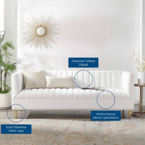 MODWAY Shift 77 in. White Channel Tufted Velvet 3 Seater Tuxedo Sofa with Square Arms EEI 4132 WHI The Home Depot