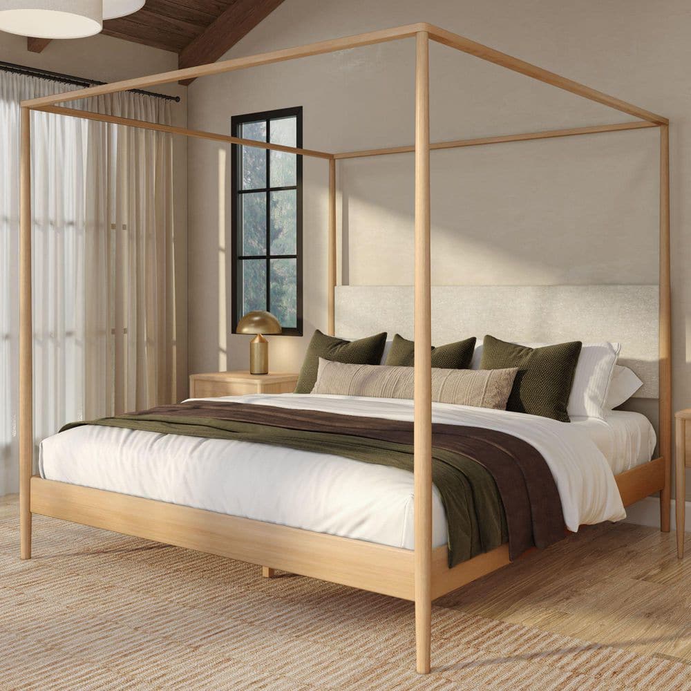 PLANK+BEAM Harbor Beige Wood Frame King Canopy Bed with Upholstered ...