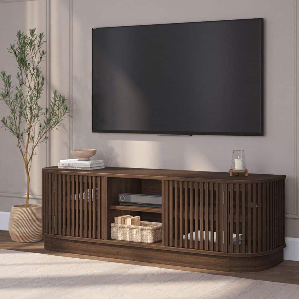 PLANK+BEAM Mid-Century Modern Walnut TV Stand Fits Up to 65 in. with 2 ...