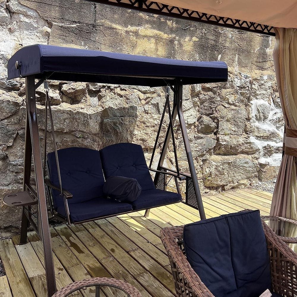 PURPLE LEAF 2-Person Steel Metal Patio Swing with Foldable Side Table ...