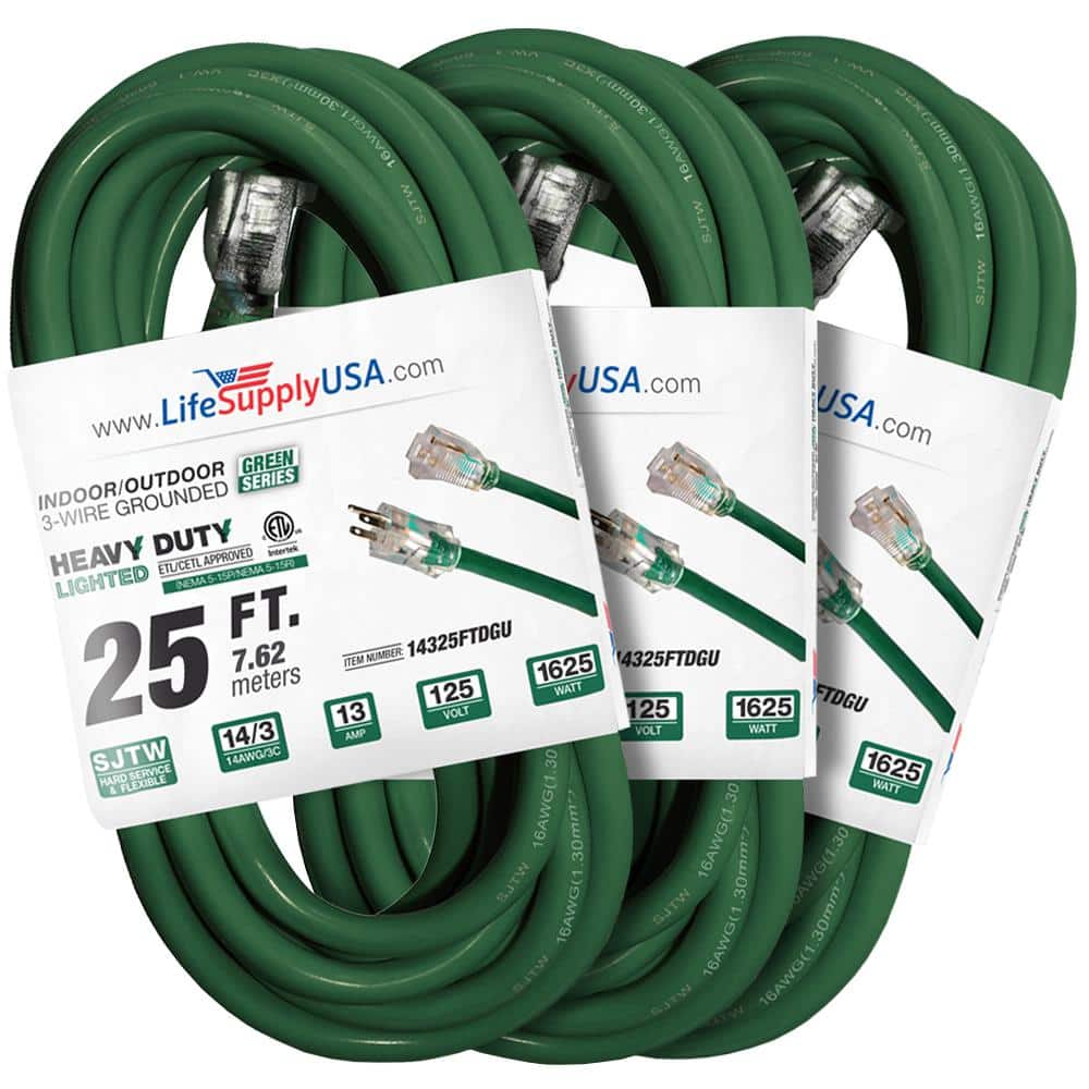 LifeSupplyUSA 25 ft. 14-Gauge/3-Conductors SJTW 15 Amp Indoor/Outdoor ...