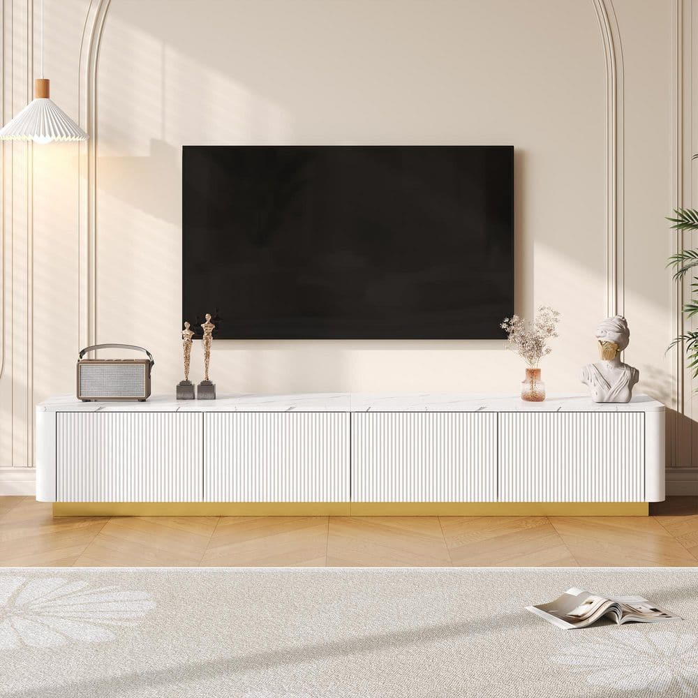 Seafuloy White TV Stand Entertainment Center Fits TVs Up to 85 in. with ...