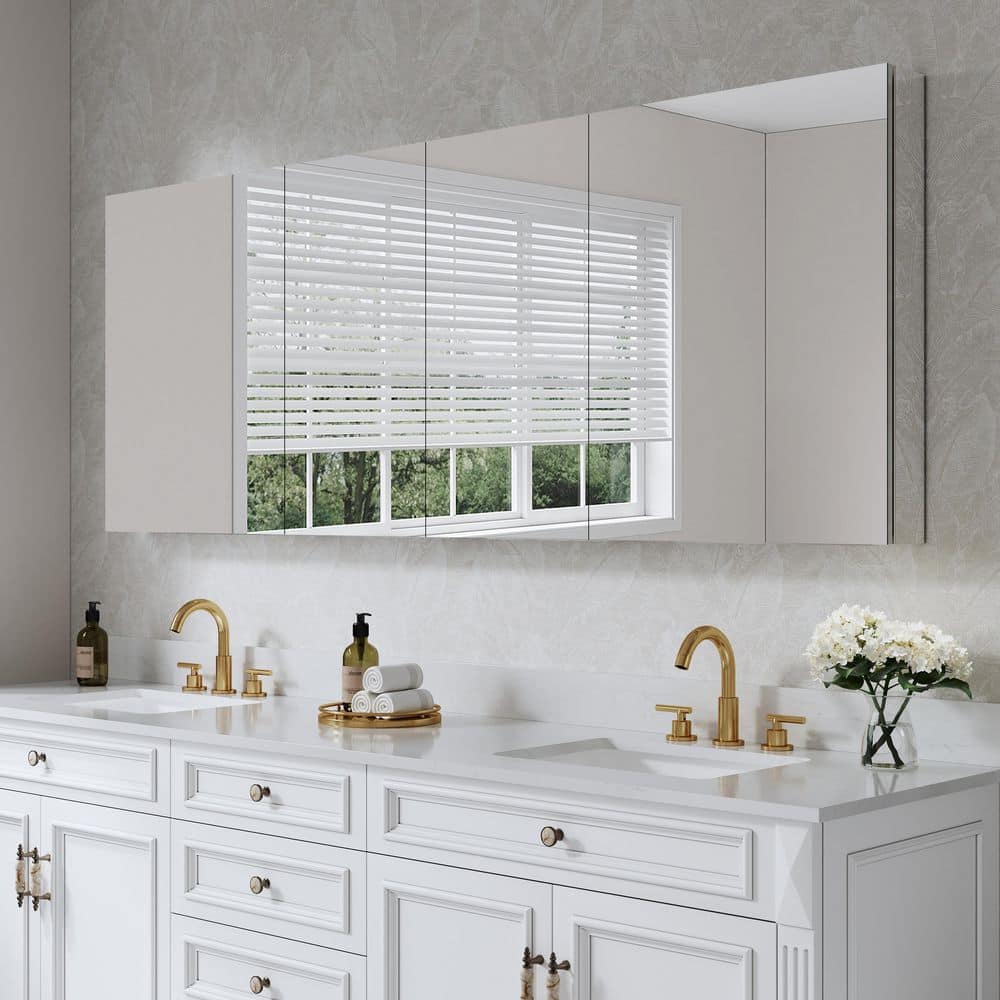 WELLFOR ROSA 80 in. W x 30 in. H Rectangular Aluminum Tri-View Medicine Cabinet with Mirror ...