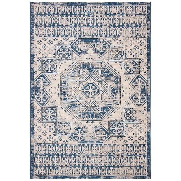 SAFAVIEH Courtyard Beige/Navy 8 ft. x 11 ft. Aztec Medallion Indoor ...