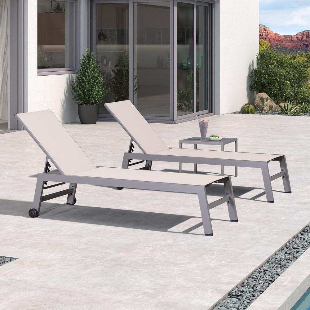 PURPLE LEAF Light Gray, 3-Pieces Aluminum Frame Outdoor Chaise Lounge ...