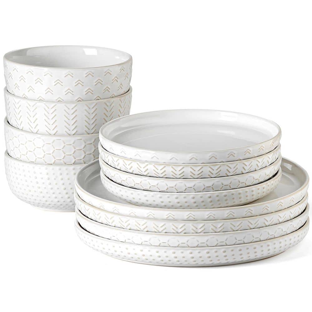 Numhew 12-Piece Vintage White Ceramic Dinnerware Set Service for 4 ...