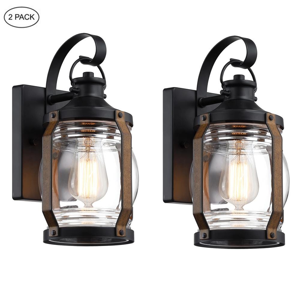 Hukoro Retro 11.8 in.1-Light Matte Black and Barnwood Accents Outdoor ...