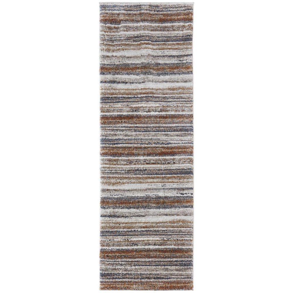 HomeRoots 2 ft. x 8 ft. Ivory, Blue, Brown Striped Runner Rug ...