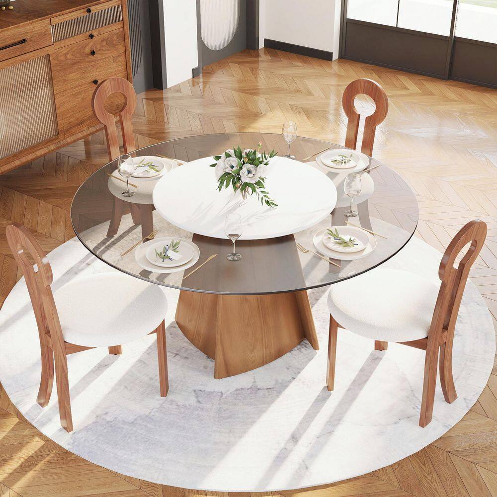Magic Home Round 59 in. Walnut Tempered Glass Tabletop with Rotable Lazy Susan and Pedestal Base ...