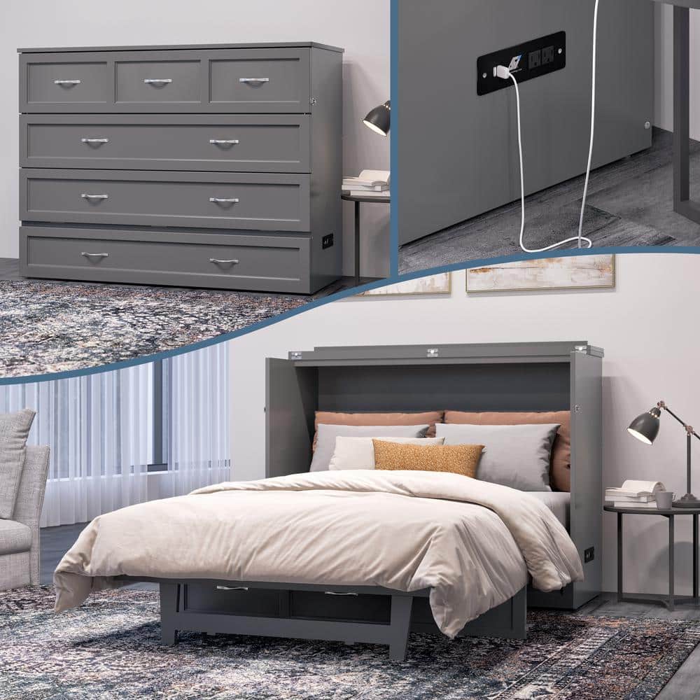 AFI Northfield Grey Solid Wood Frame Full Murphy Bed with Mattress and ...