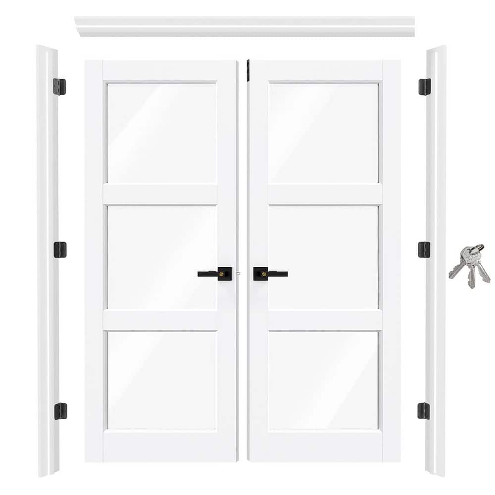 TENONER 60 in. x 80 in. 3 Lite Clear Glass Primed Wood Door Assembly ...