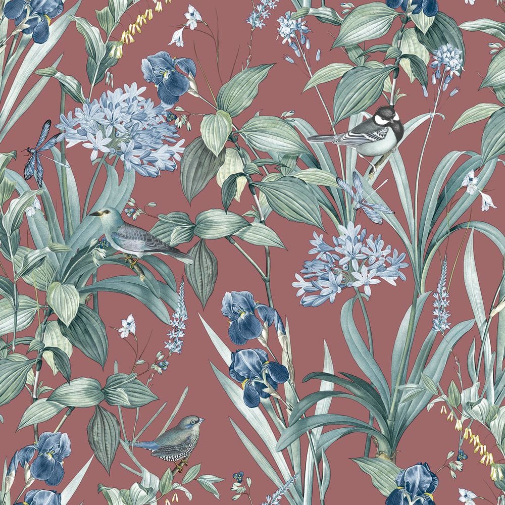 Veer Decor Mint Birds and Dragonflies Botanical Red Wallpaper Sample ...