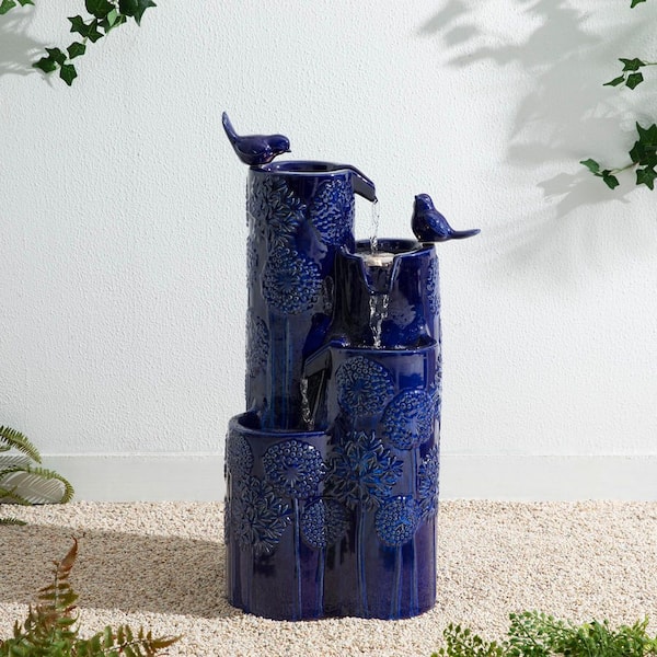 Glitzhome 26.25 in. H 4-Tier Cobalt Blue Dandelion Texture Vase-Shaped ...