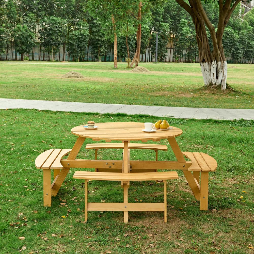 Nivencai 70 in. Yellow Round Wood Picnic Table Seats 6 People with ...