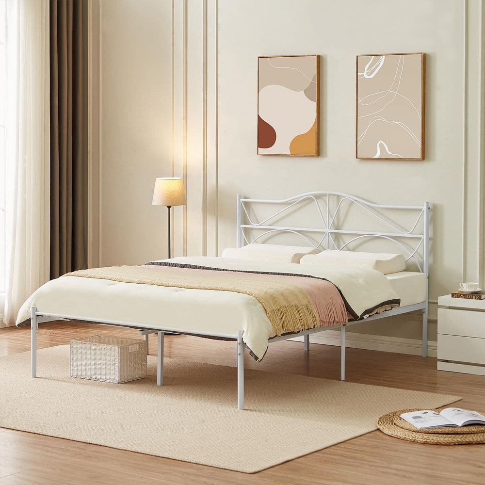VECELO Bed Frame White Metal Frame Full Platform Bed with Headboard ...