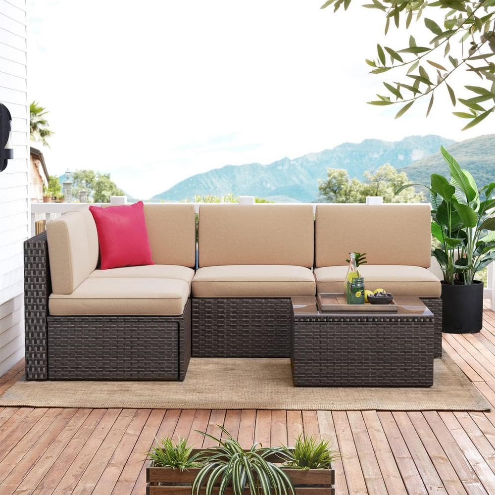 Sizzim Brown 5-Piece Outdoor Sectional Patio Wicker Conversation Sofa ...