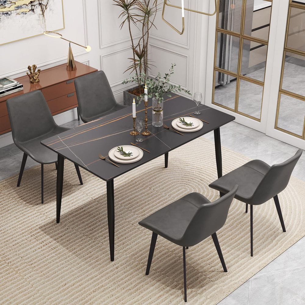 Magic Home 63 in. Black Sintered Stone with Black Metal 4-Legs Dining ...