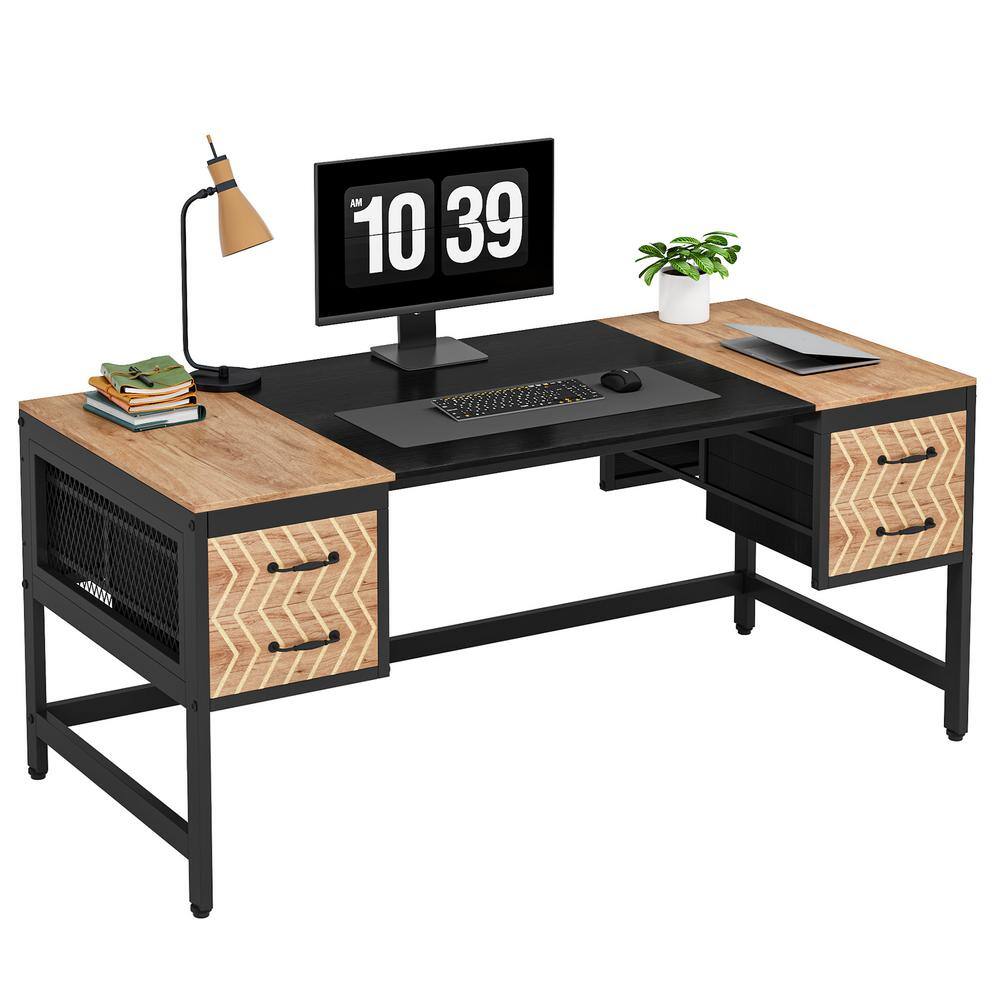 BYBLIGHT Moronia 63 in. Rectangular Light Brown Wood 4-Drawer Computer ...