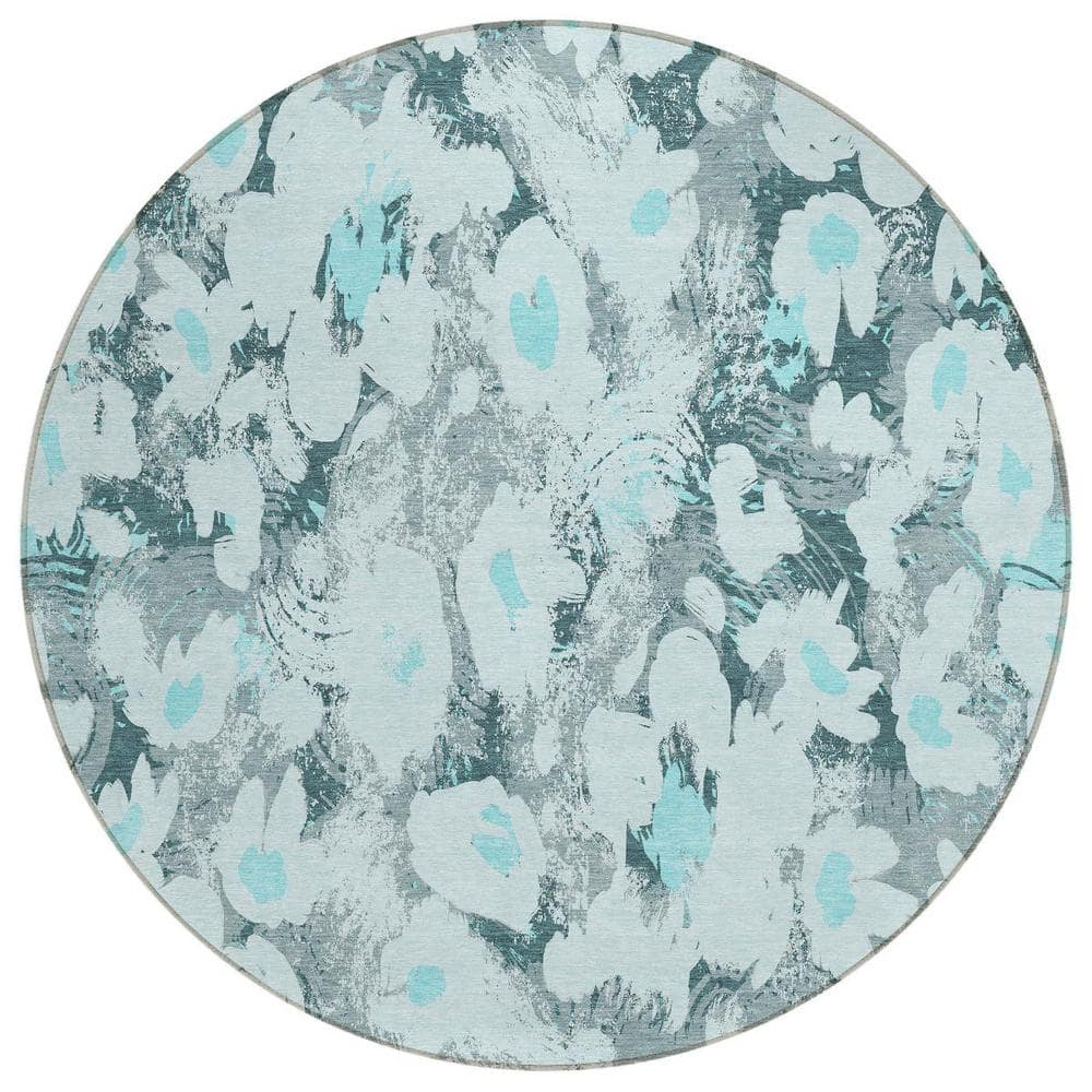 HomeRoots Teal 8 ft. Round Woven Floral Round Indoor/Outdoor Area Rug ...