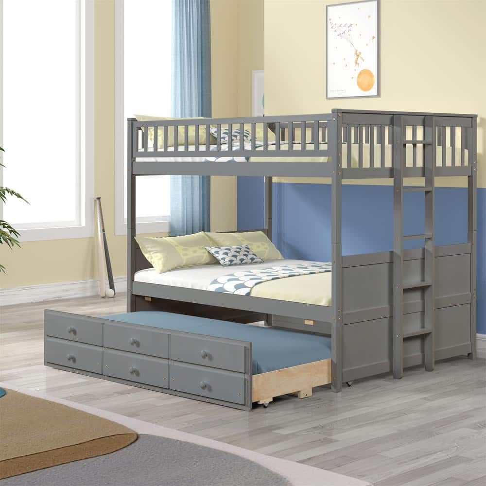 Seafuloy 79.50 in. L x 57.2 in. W Gray Pine Full Size Bunk Bed with 3 ...