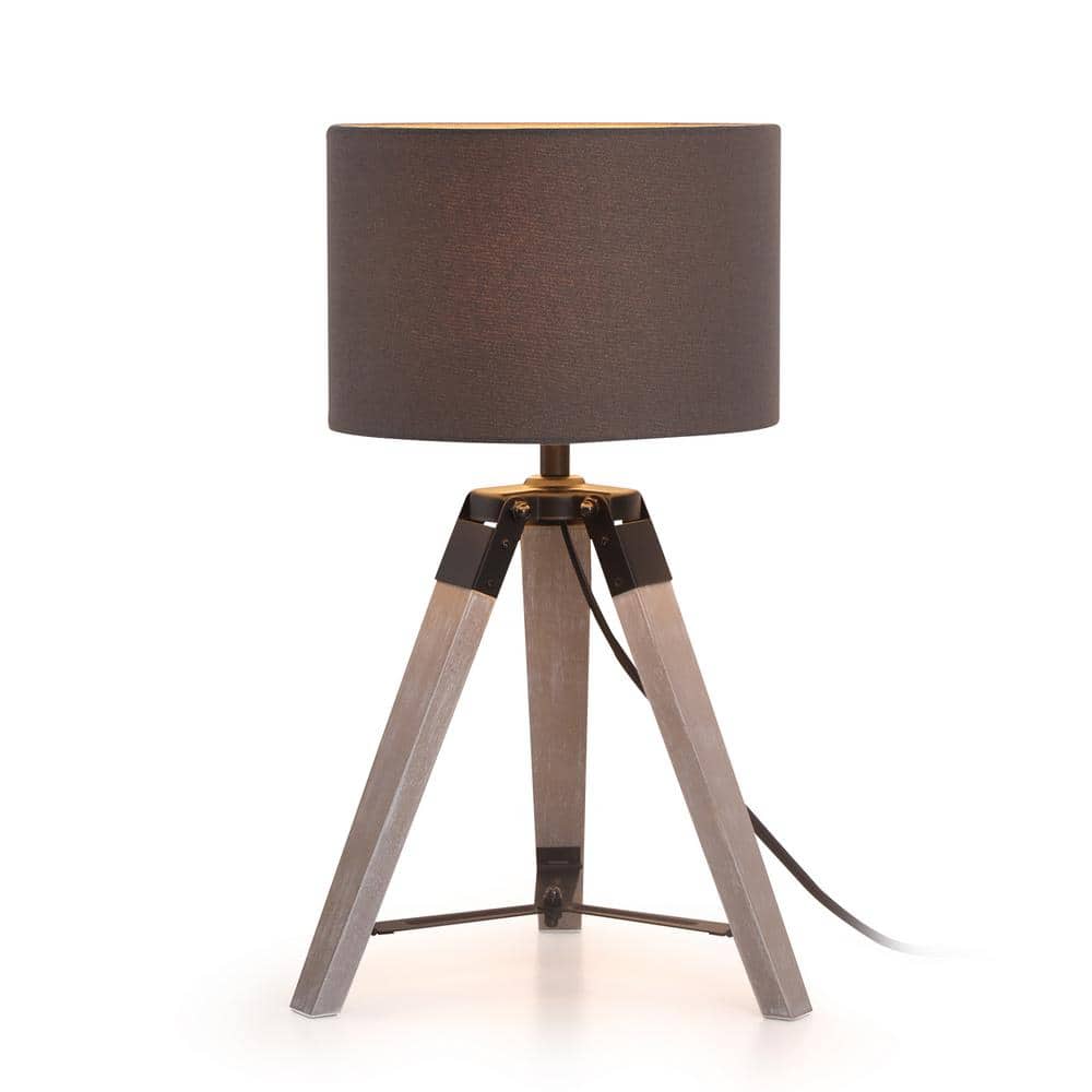 Keazile 18 in. Grey Modern Tripod Small Table Lamp with Solid Wood Legs ...