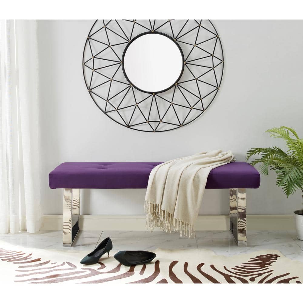 Inspired Home Alonso Purple/Chrome Velvet Bench Square Tufted Metal Leg ...