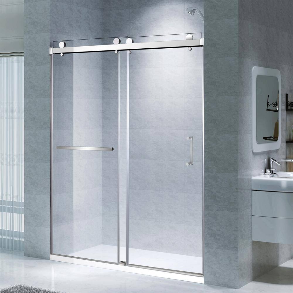 HOROW 59 in. W x 76 in. H Sliding Frameless Shower Door in Chrome with ...