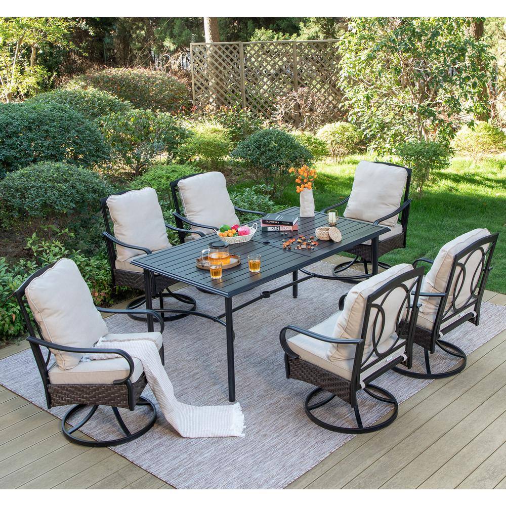 PHI VILLA 7-Piece Metal Outdoor Dining Set with Slat Table-top and ...