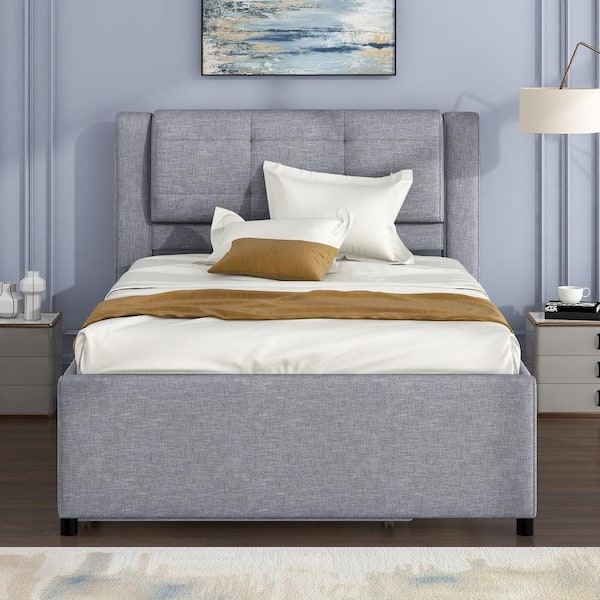 Harper Bright Designs Gray Wood Frame Full Size Linen Upholstered Platform Bed with Trundle WMSL035AAE The Home Depot