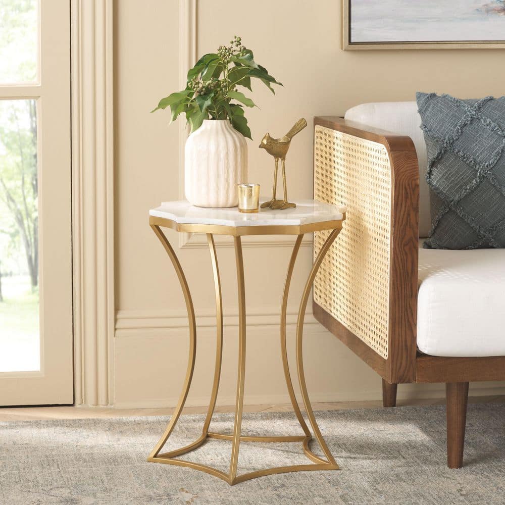SAFAVIEH Starbella 18 in. White Specialty Marble/Gold Metal End Table ...