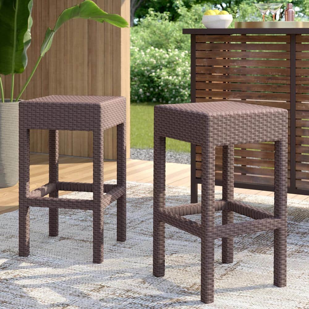 Dark Brown All-Weather Wicker Outdoor Bar Stools, Patio PE Rattan ...