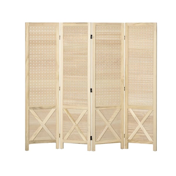 4.70 ft. Natural Wood Folding Outdoor Privacy Screen, 4-Panel Pegboard ...