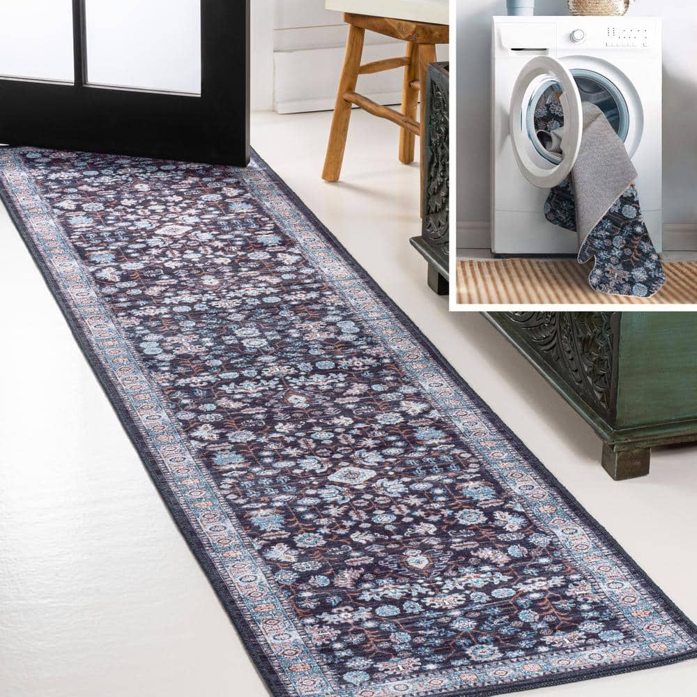 JONATHAN Y Kemer All-Over Persian Machine-Washable Black/Blue 2 ft. x 8 ...