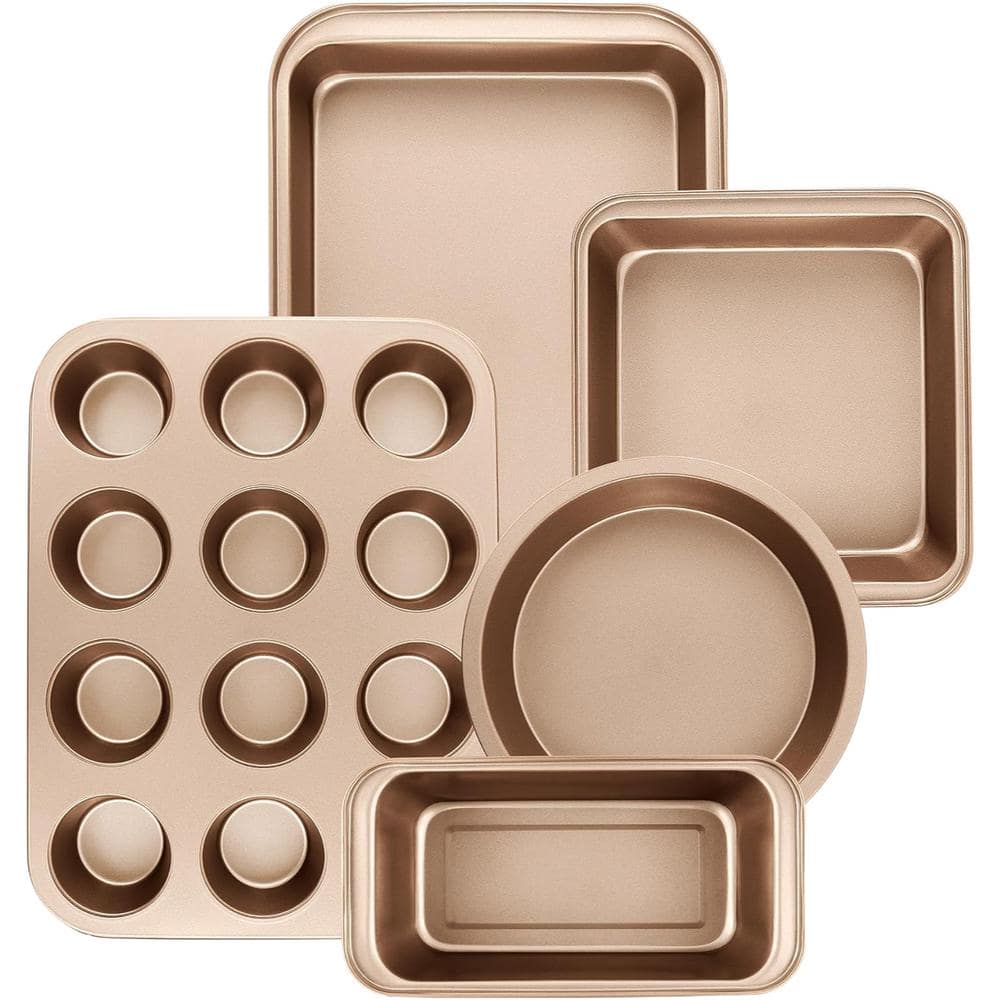 Adrinfly 5-Piece Champagne Gold Bakeware Set with Round/Square Cake Pan ...