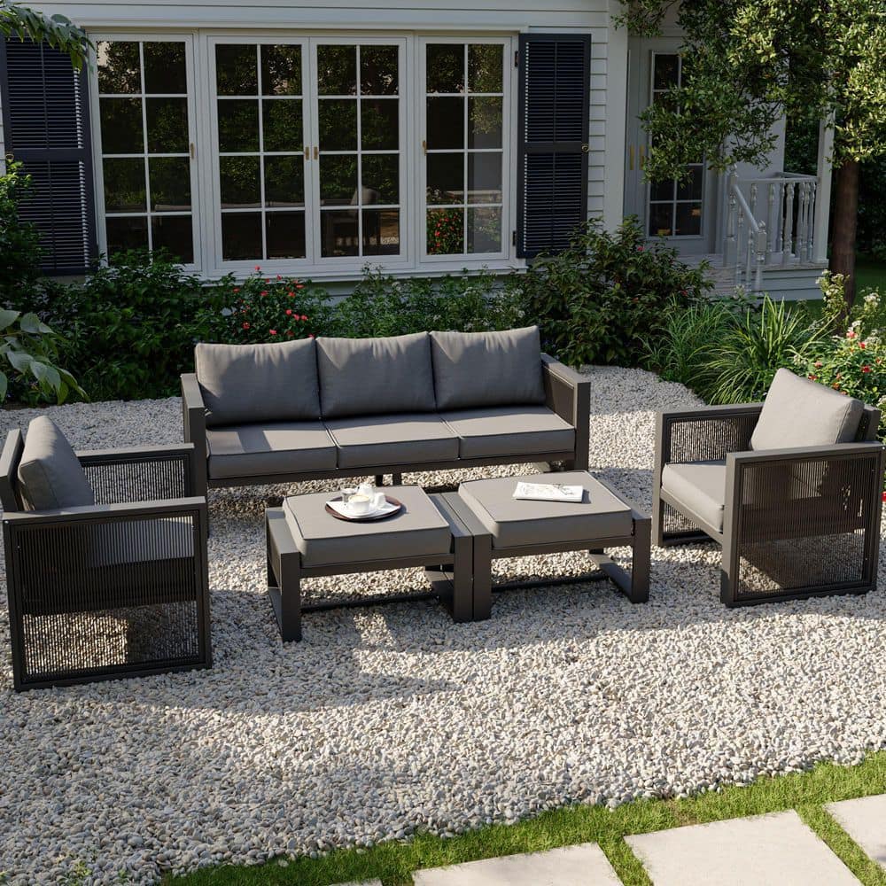 Poteban 5-Piece Aluminum Patio Conversation Set with Dark Grey Cushions ...