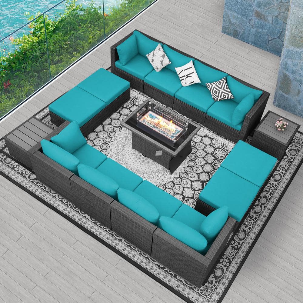 FINCATI Gray 15-Piece 12-Seats Wicker Patio Fire Pit Sofa Set with Teal ...