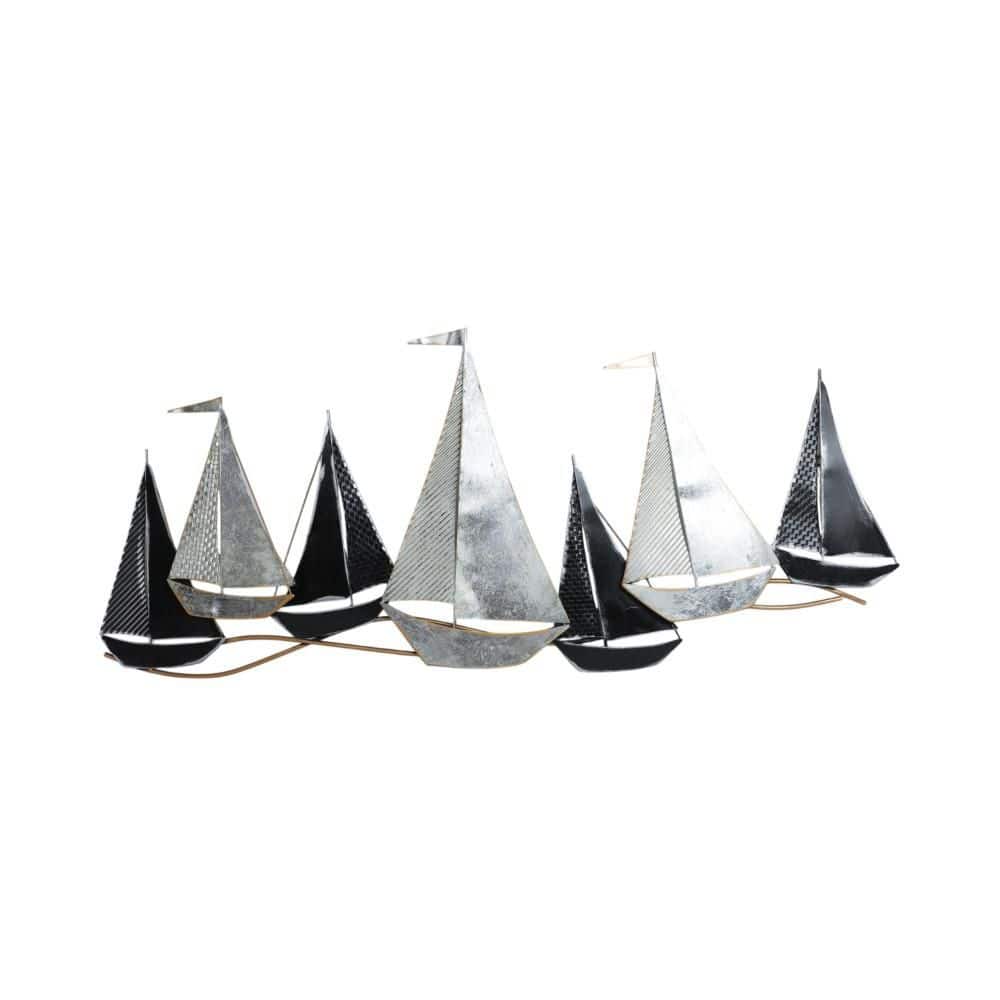 Liv & Skye 50 in. x 2 in. Silver Metal Layered Coastal Sailboats Metal ...