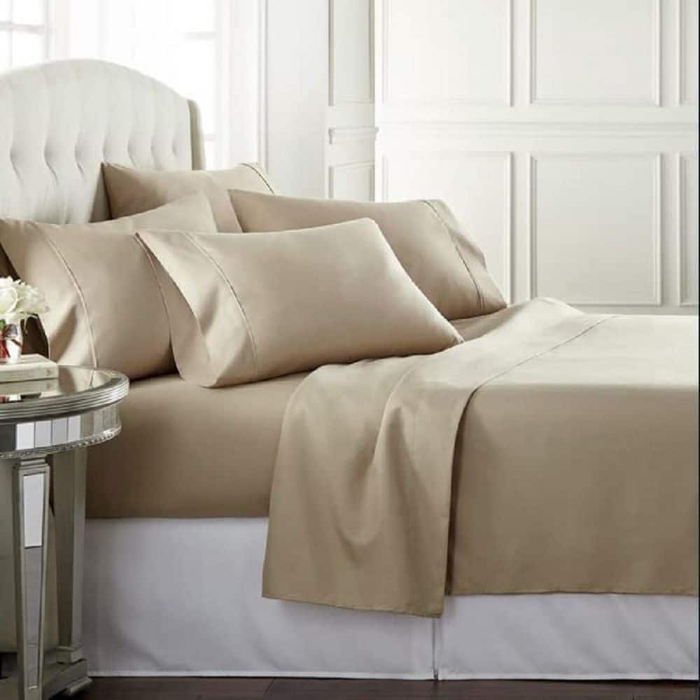 J&V TEXTILES 1000 Thread Count 4-Piece Taupe 100% Cotton Queen Sheet ...