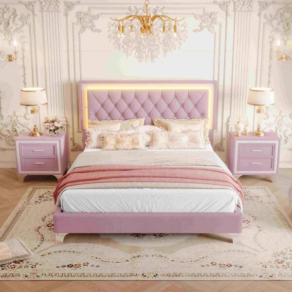 Polibi Pink MDF Frame Queen Platform Bed with LED Lights and 2 ...