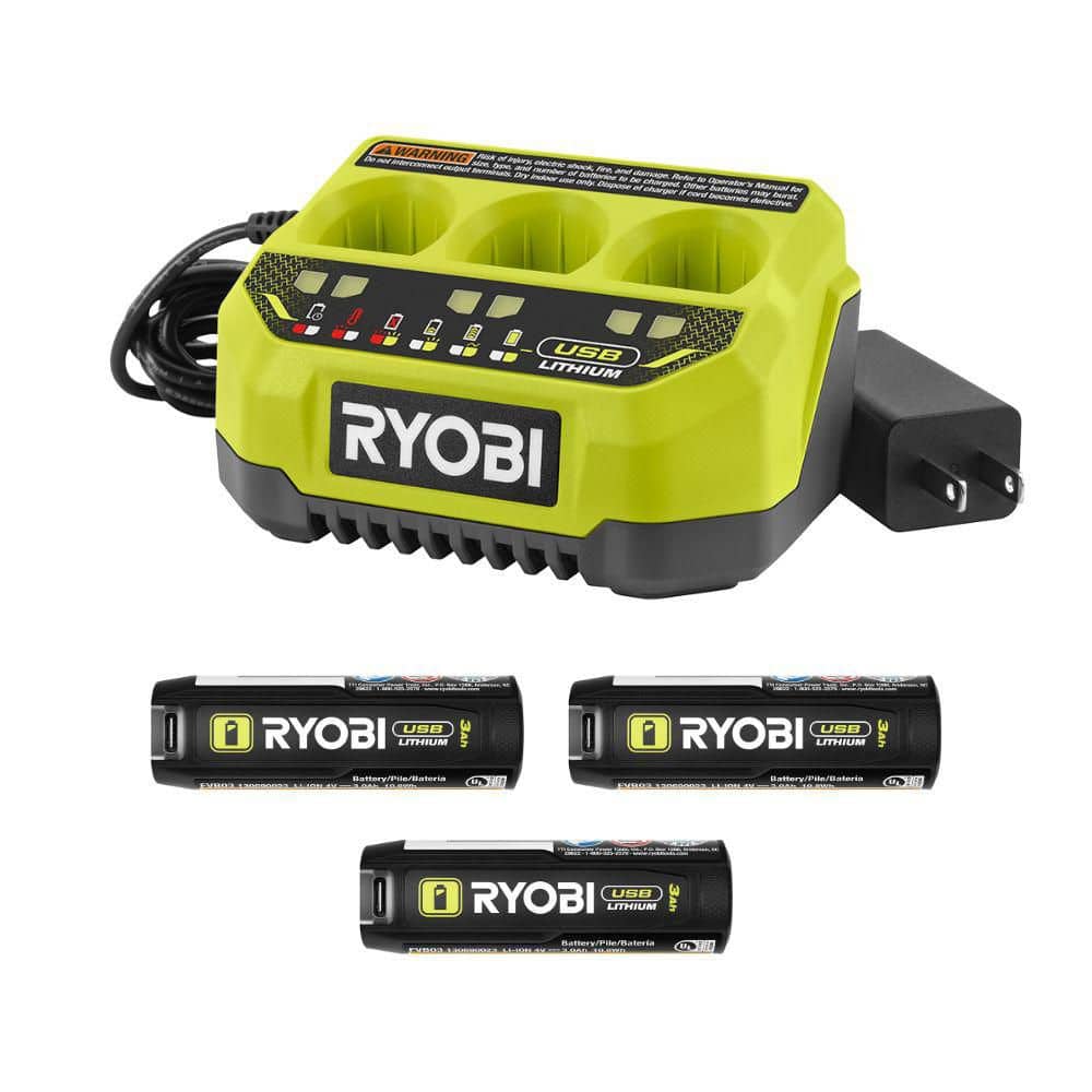 RYOBI USB Lithium 3.0 Ah Lithium-Ion Rechargeable Battery (3-Pack) with ...