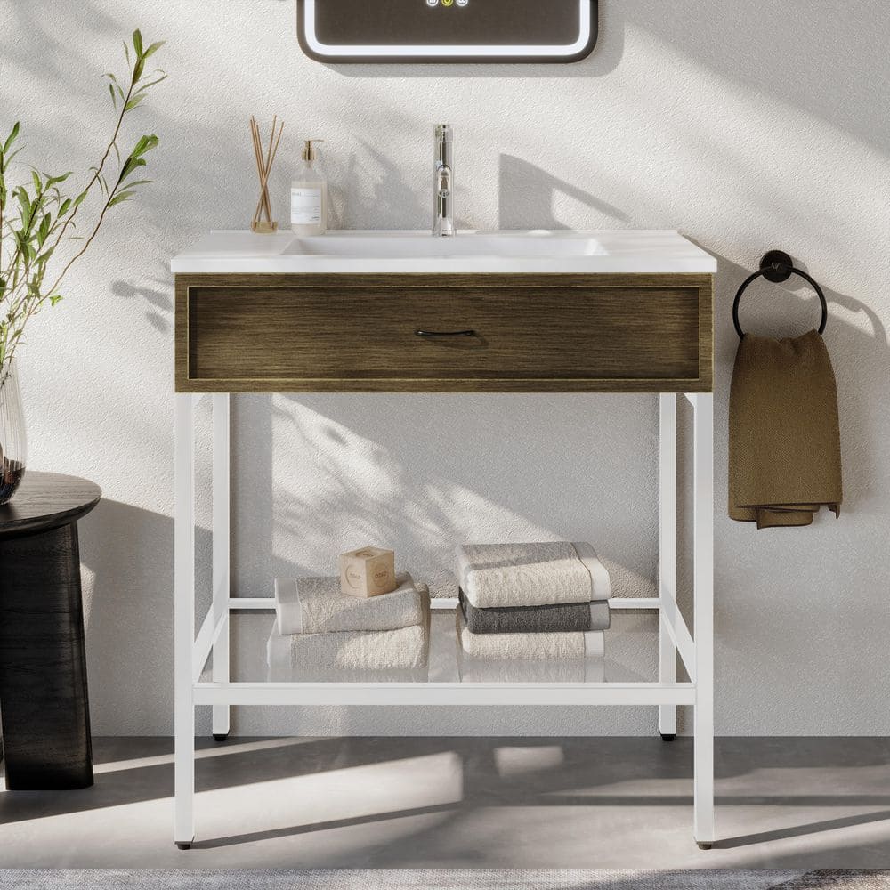 HBEZON Ansel 30 in. W Freestanding Single Sink White Bath Vanity with ...