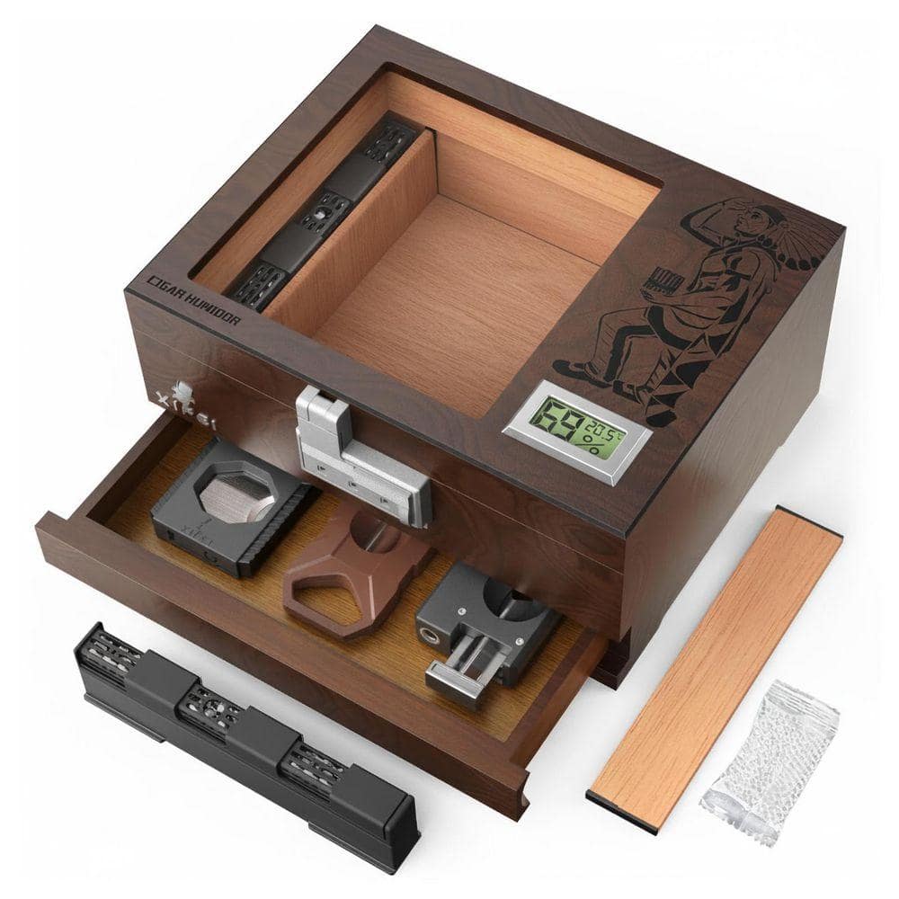 10.2 in. W x 5.87 in. H Walnut Cedar Wood Glass Top Cigar Humidor w ...
