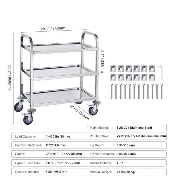 SKYSHALO Stainless Steel Cart, 3 Layers Lab Utility Cart 400 lbs ...