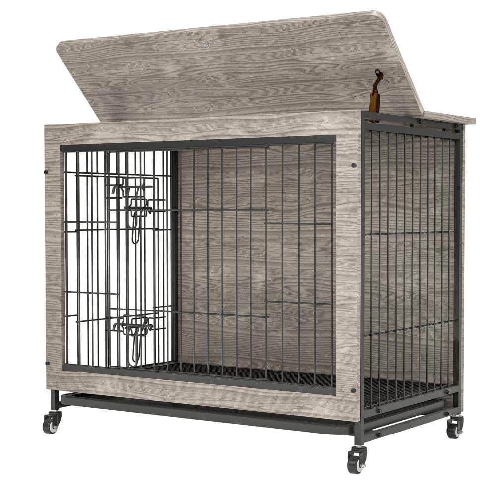 Amucolo 38 in. Gray Heavy-Duty Dog Cage Dog Crate Furniture with Wheels USG-CYD0-P3W - The Home ...