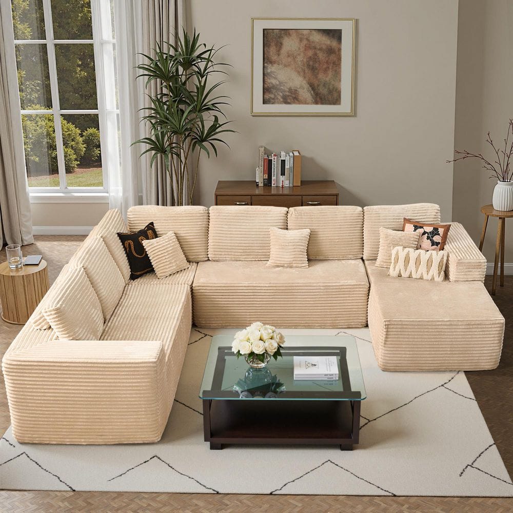 Allwex VJ 135 in. Wide Arm 4-Piece Modern Plush Corduroy U-Shape ...