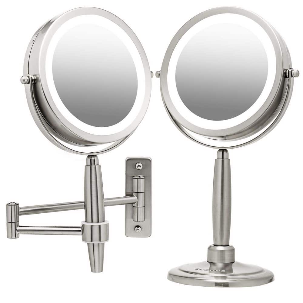 OVENTE Small Round Nickel Brushed Lighted Tilting 3-in-1 Makeup Mirror ...