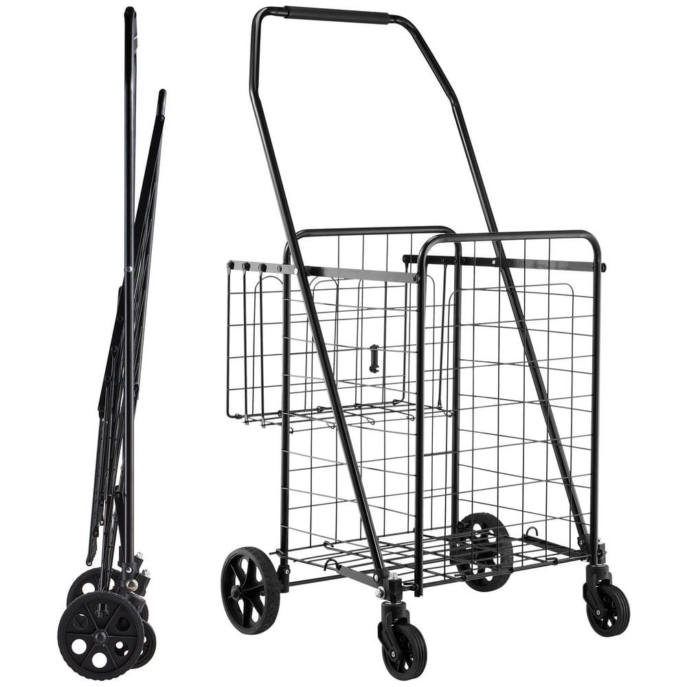 VEVOR Folding Shopping Cart with Dual Baskets, Waterproof Liner, Heavy ...