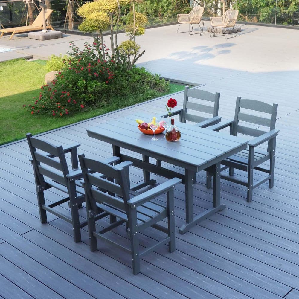 Gray 5-Piece Plastic Outdoor Dining Set, Outdoor HDPE Dining Furniture ...