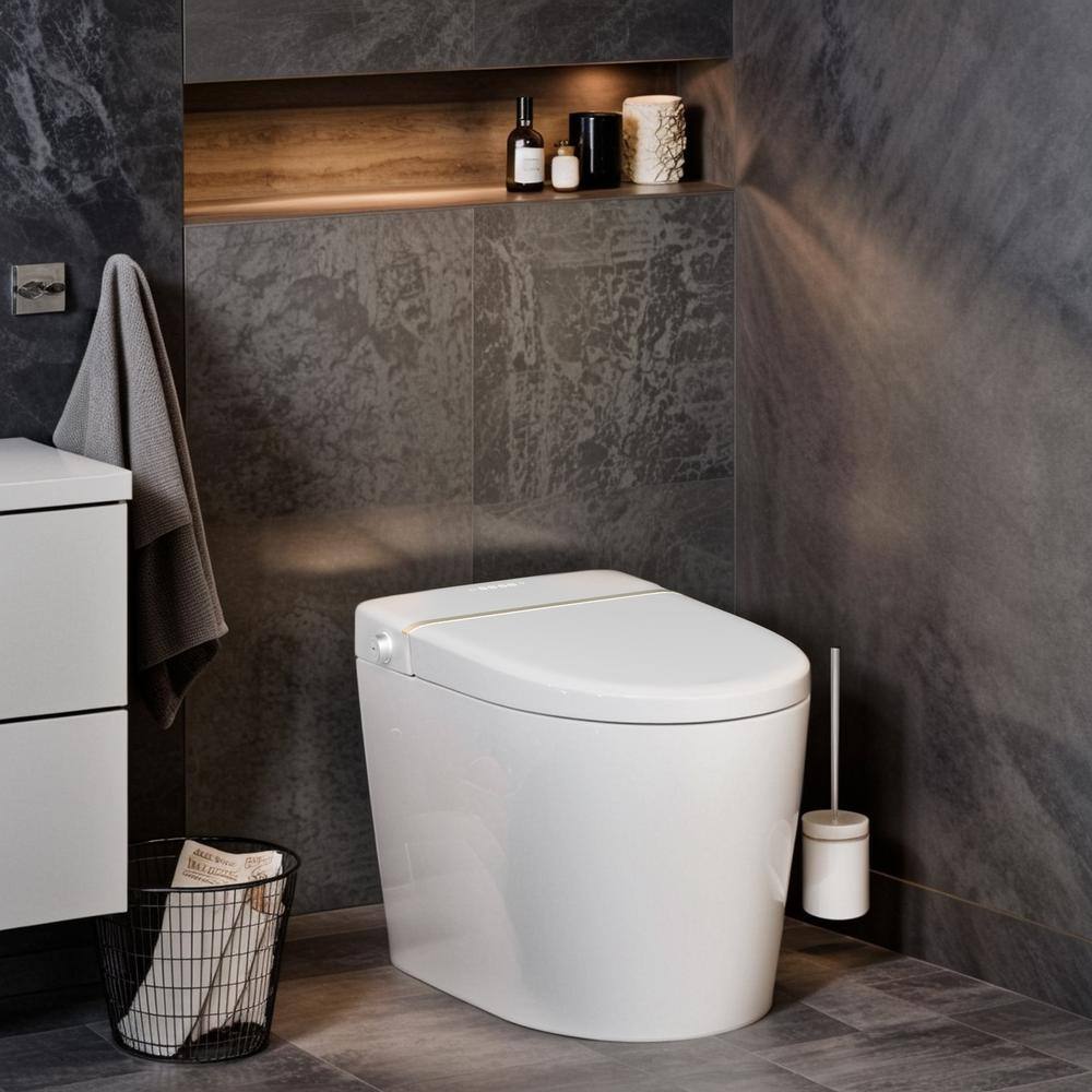 Relyblo Smart Elongated Bidet Toilet 1.27 GPF in Gold Edge White with ...