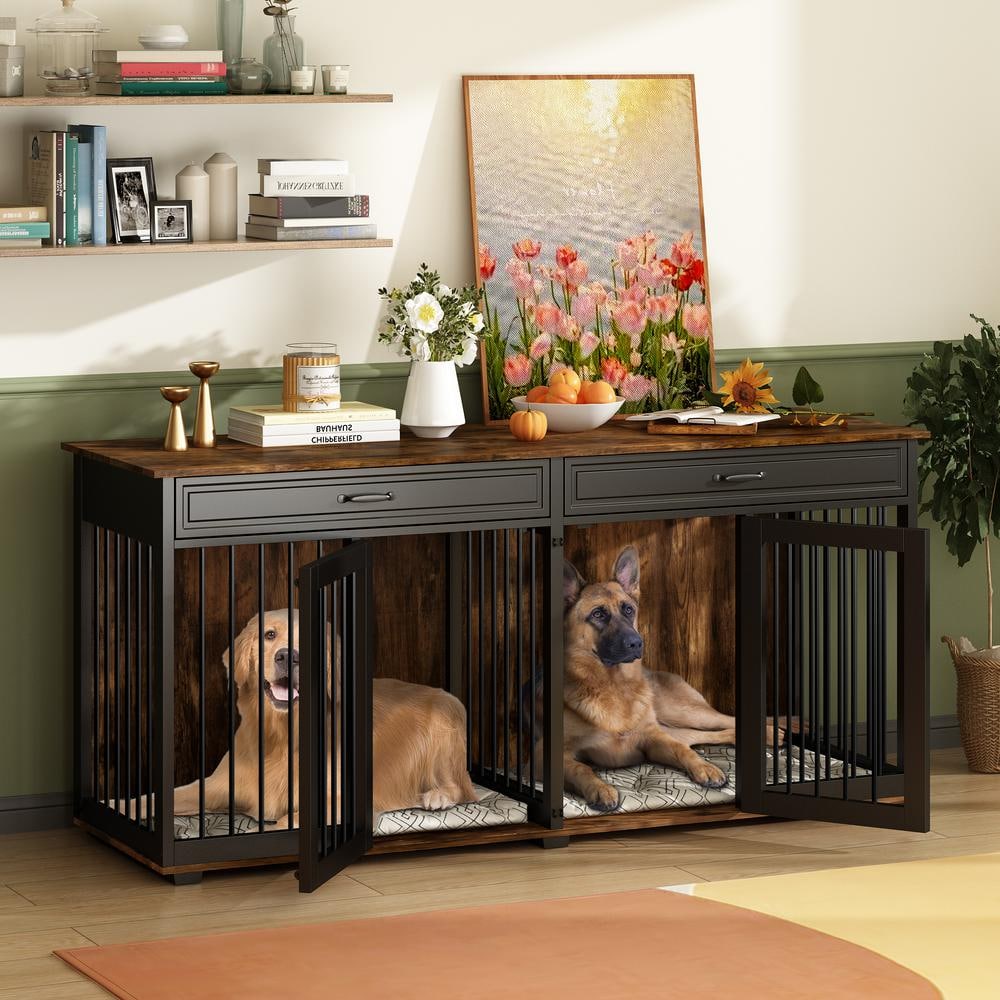 FUFU&GAGA Modern Large Dog Kennel Furniture with 2 Drawers, Indestructible Dog Cage with ...